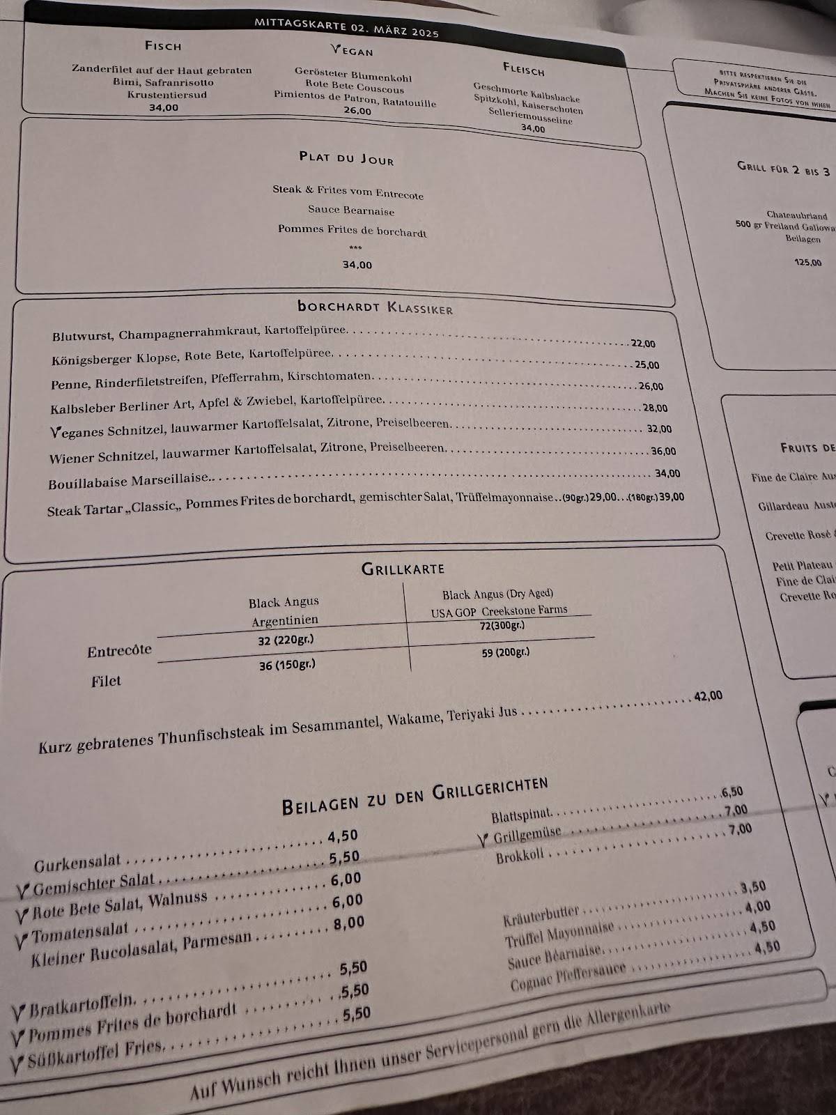 Menu at Borchardt restaurant, Berlin