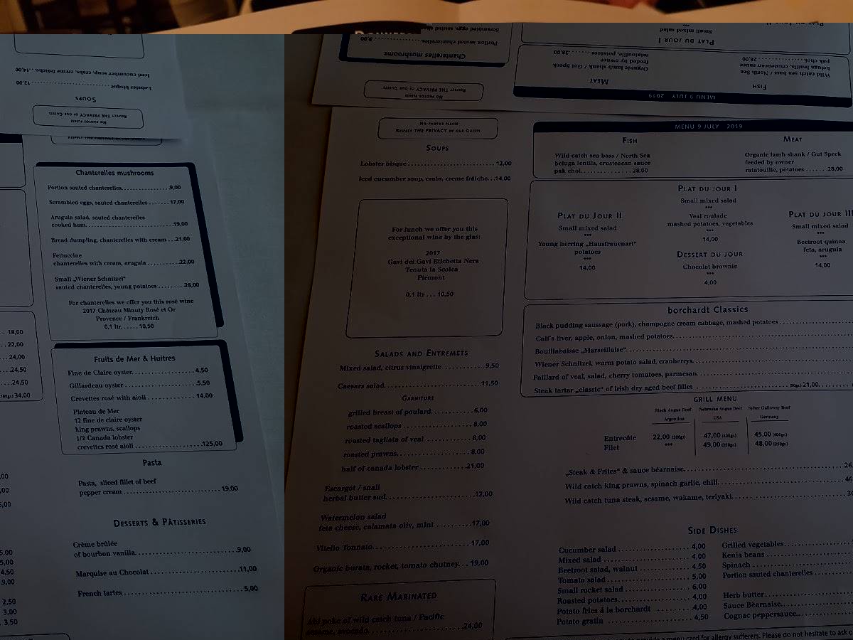 Menu at Borchardt restaurant, Berlin