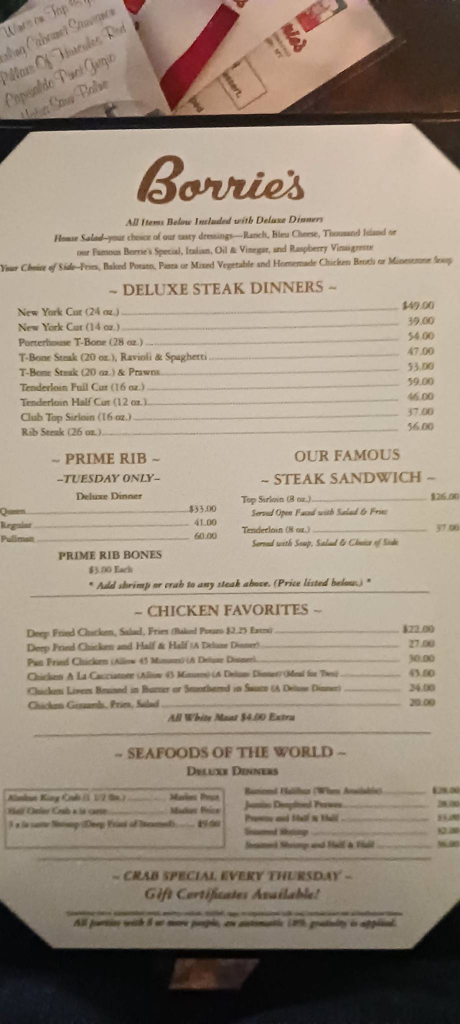 Menu at Borries Supper Club, Black Eagle