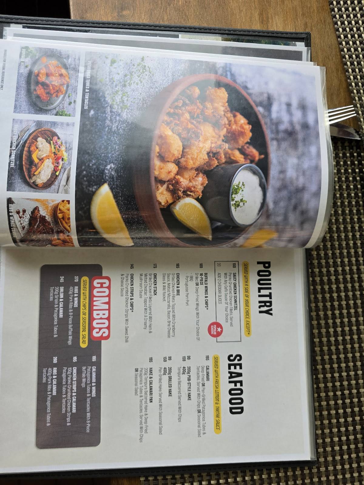 Menu at Bossa Modderfontein restaurant, Johannesburg