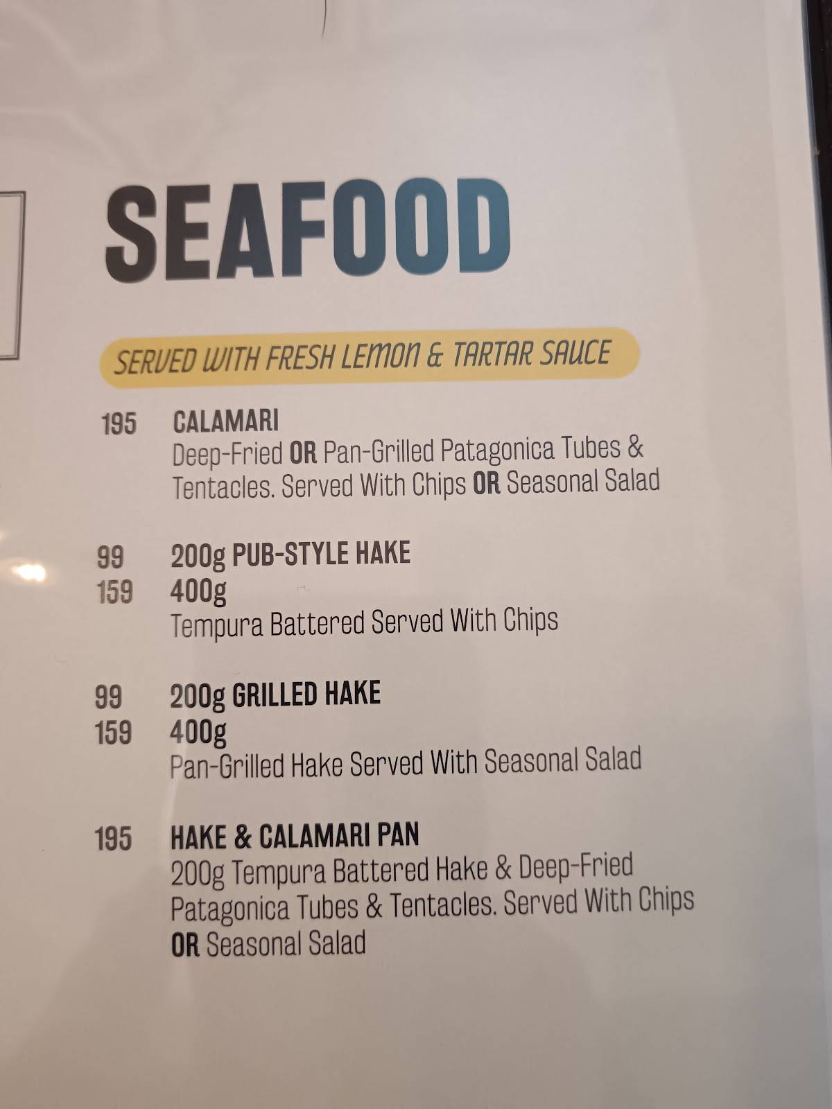 Menu at Bossa Modderfontein restaurant, Johannesburg