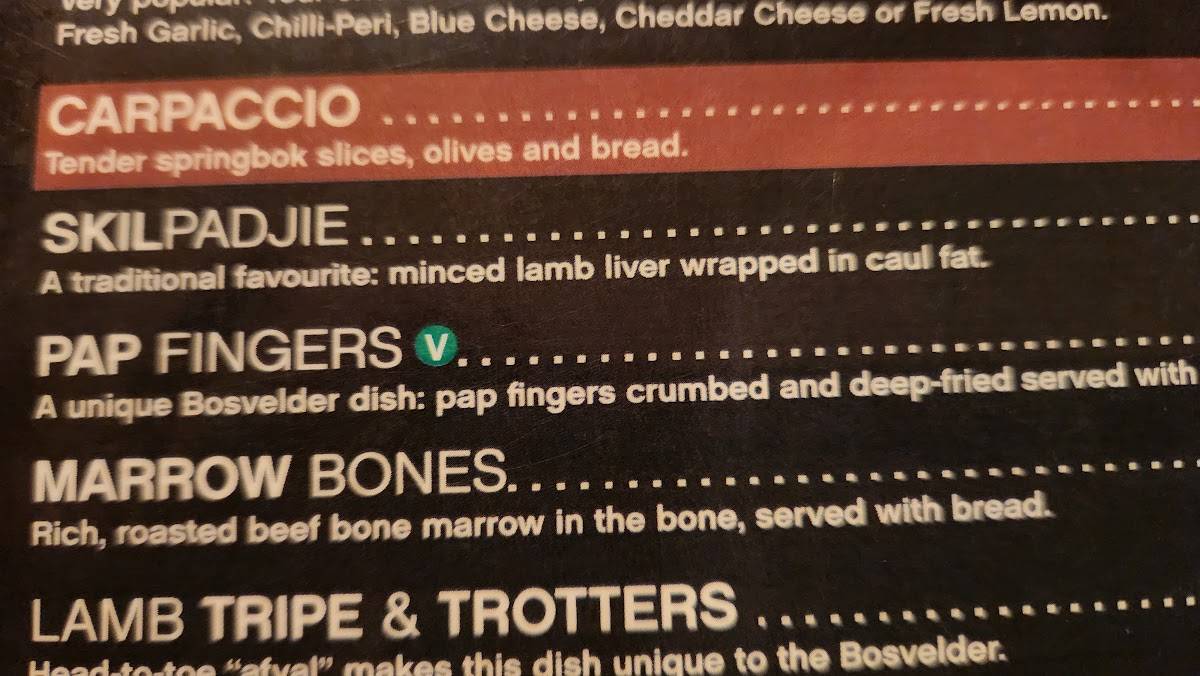 Menu at Bosvelder Pub & Restaurant, Centurion