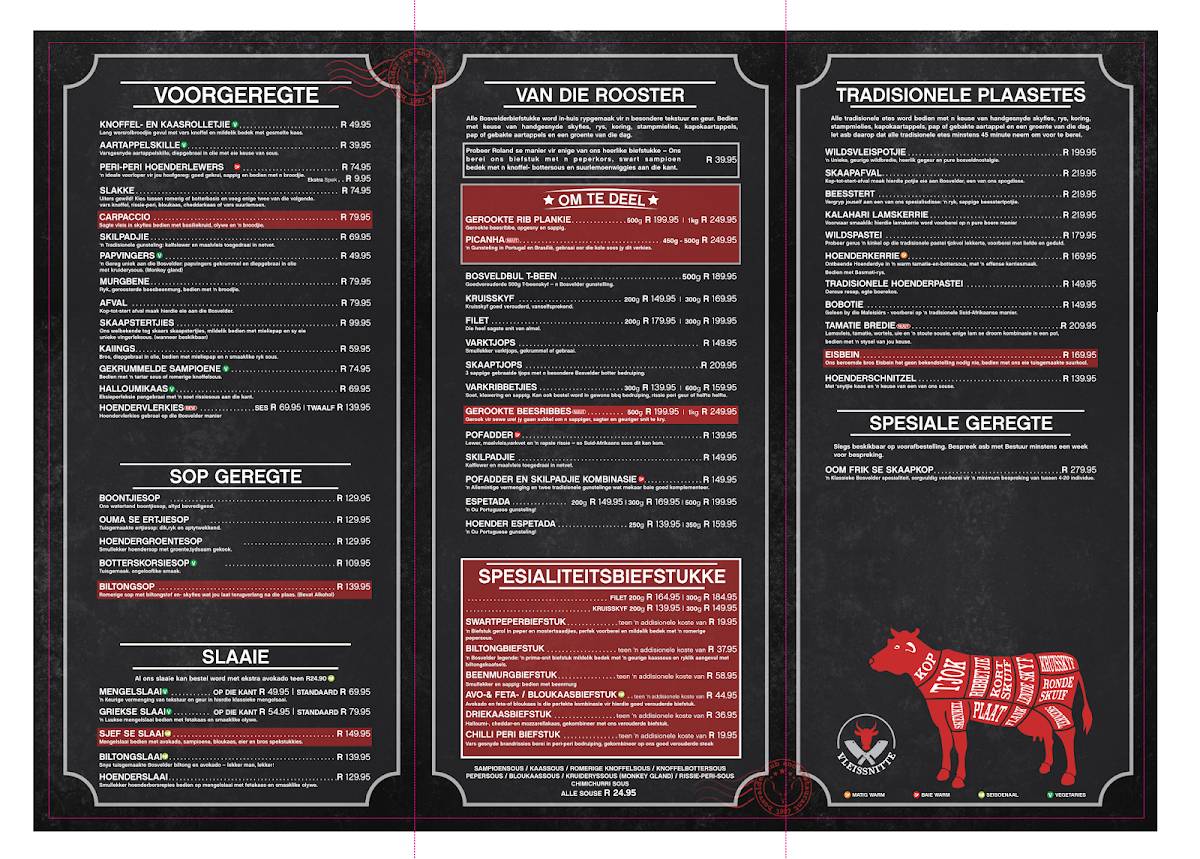 Menu at Die Bosvelder Pub & Restaurant, Centurion
