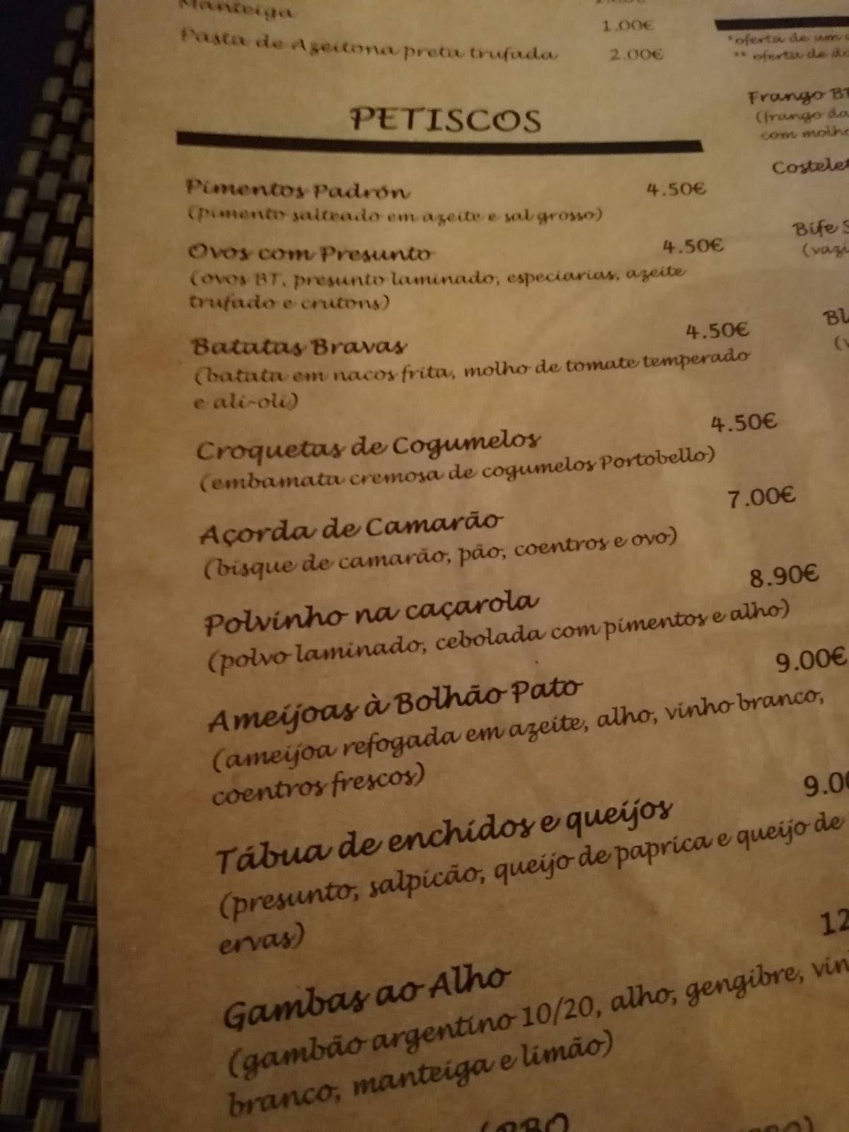 Menu at Bota&Bira BBQ, Porto