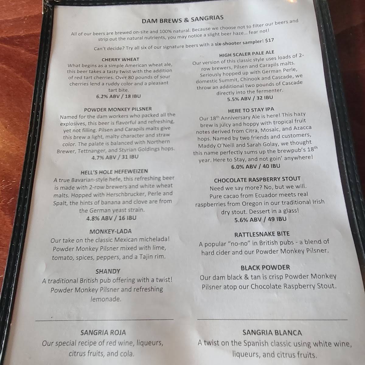 Menu at Boulder Dam Brewing Co. restaurant, Boulder City, 453 Nevada Way