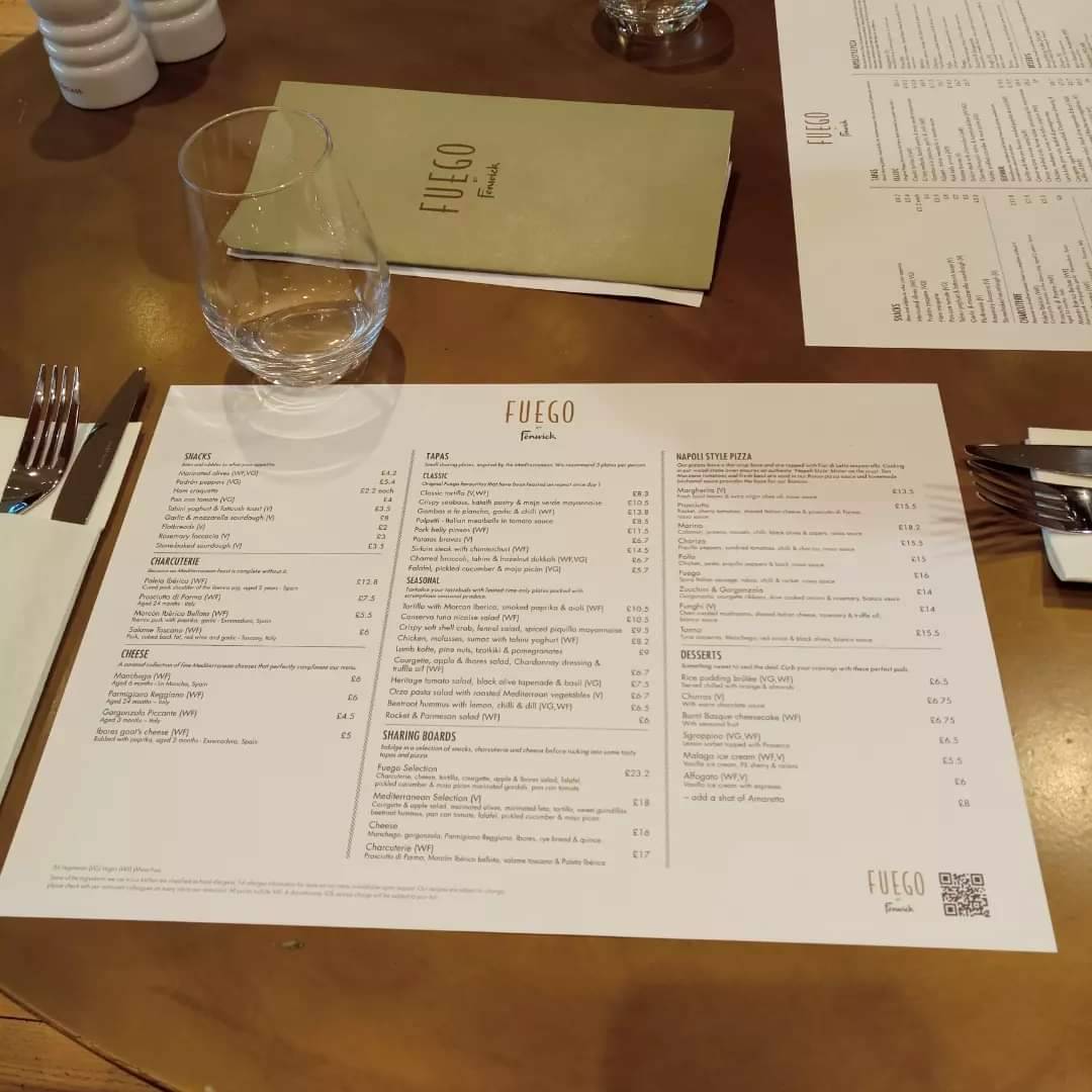 Menu at Fuego restaurant, Bracknell