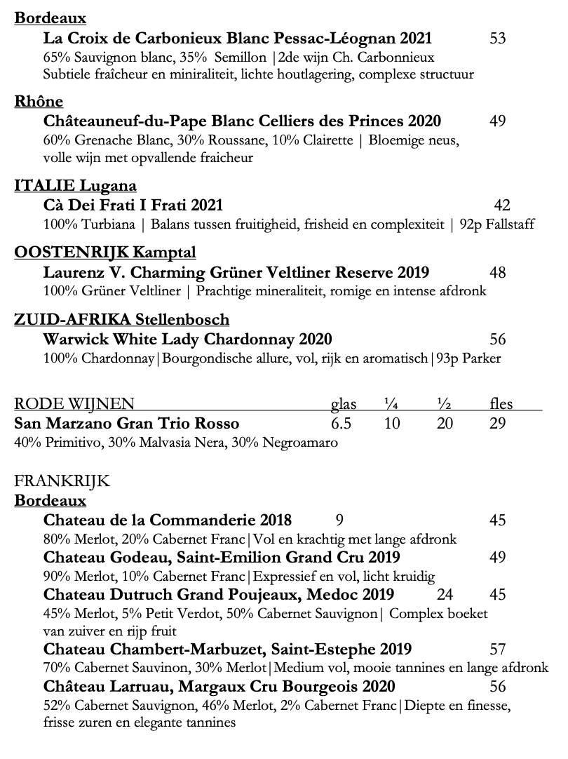 Menu at Brasserie Gambrinus, Leuven