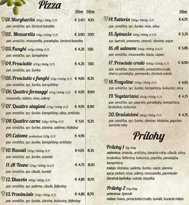Menu at Fragolino ristorante restaurant, Bratislava, Opletalova 7062/94