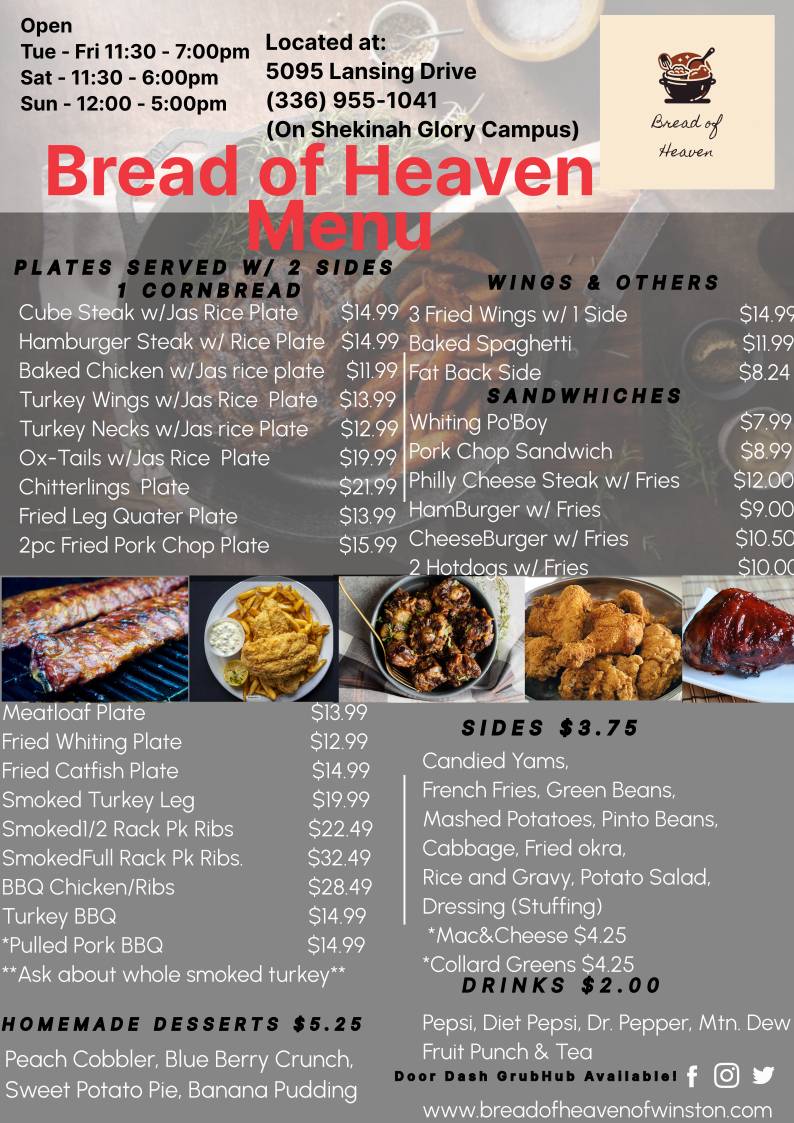 Menu at Bread of Heaven Soul Food Restaurant, Winston-Salem