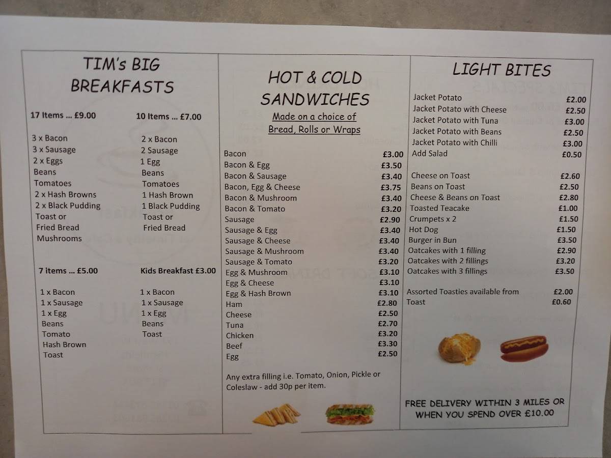 Menu at Breakfast at Timothy's cafe, Stafford
