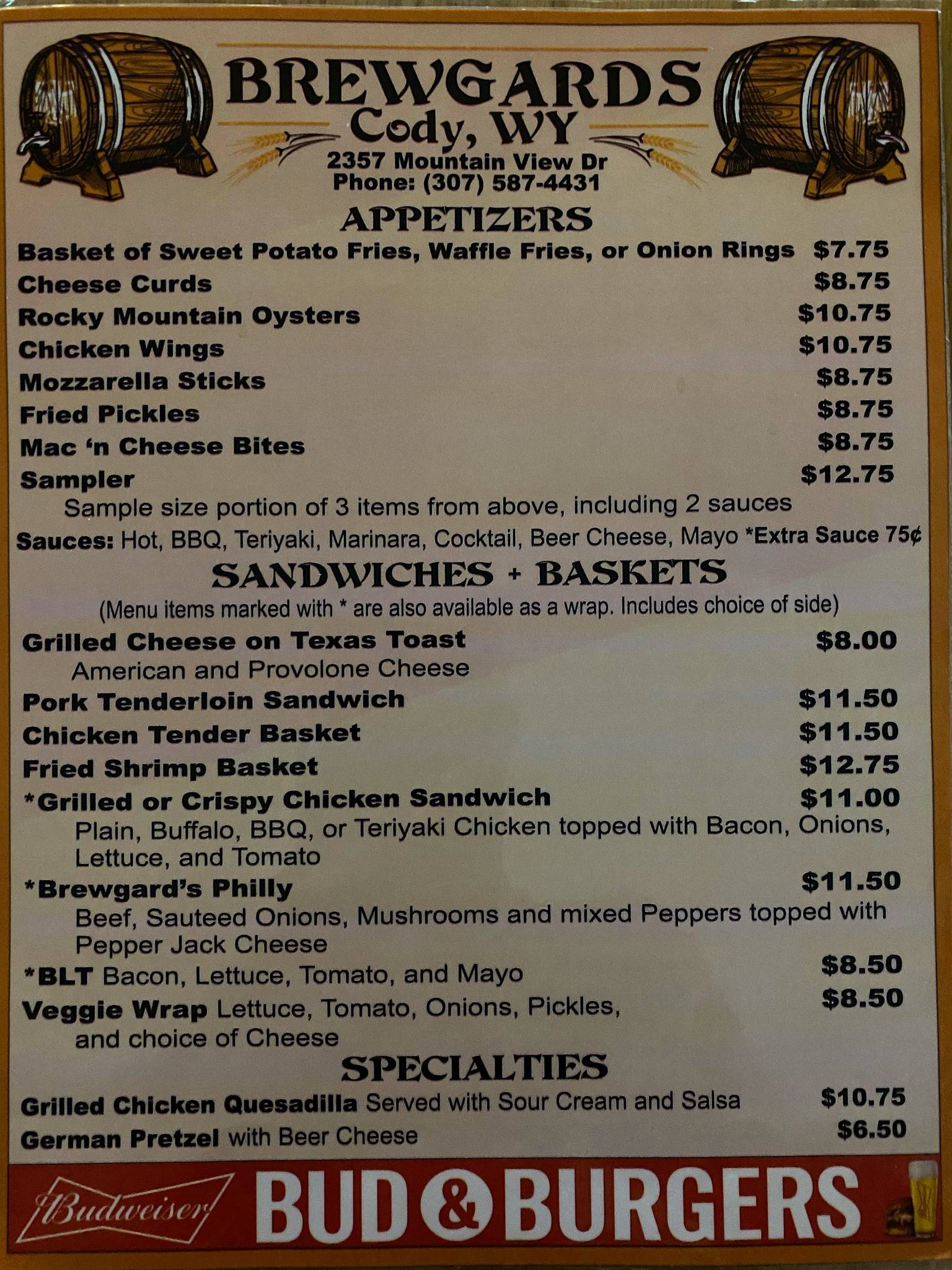 Menu at Brewgards Liquor and Lounge pub & bar, Cody