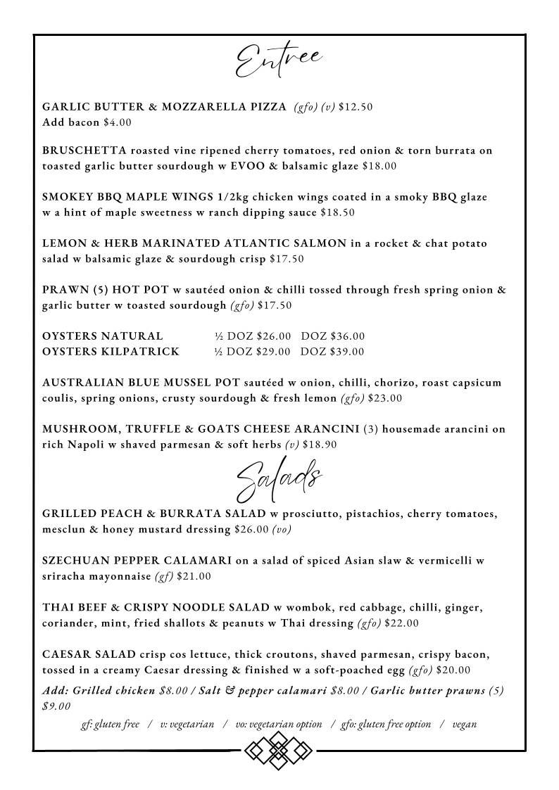 Menu at Bribie Island RSL Club, Bongaree