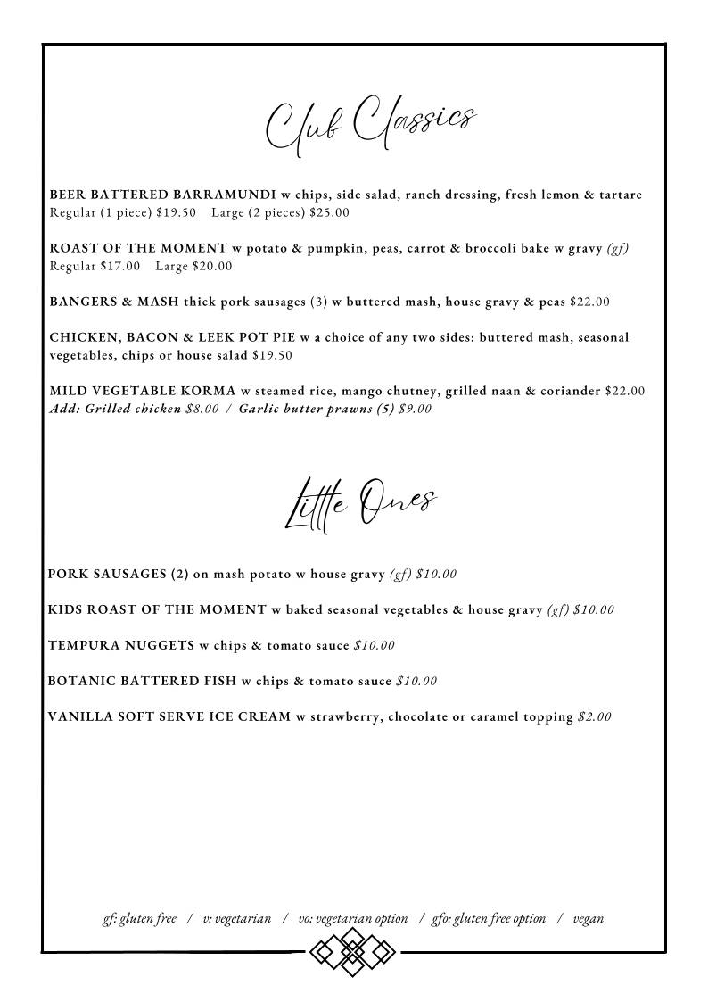 Menu at Bribie Island RSL Club, Bongaree