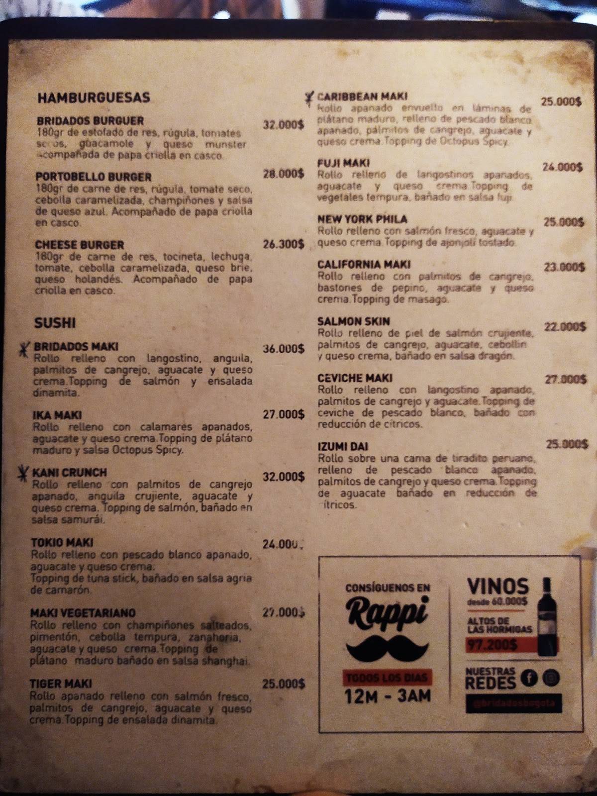 Carta del restaurante Bridados Muhai, Bogotá