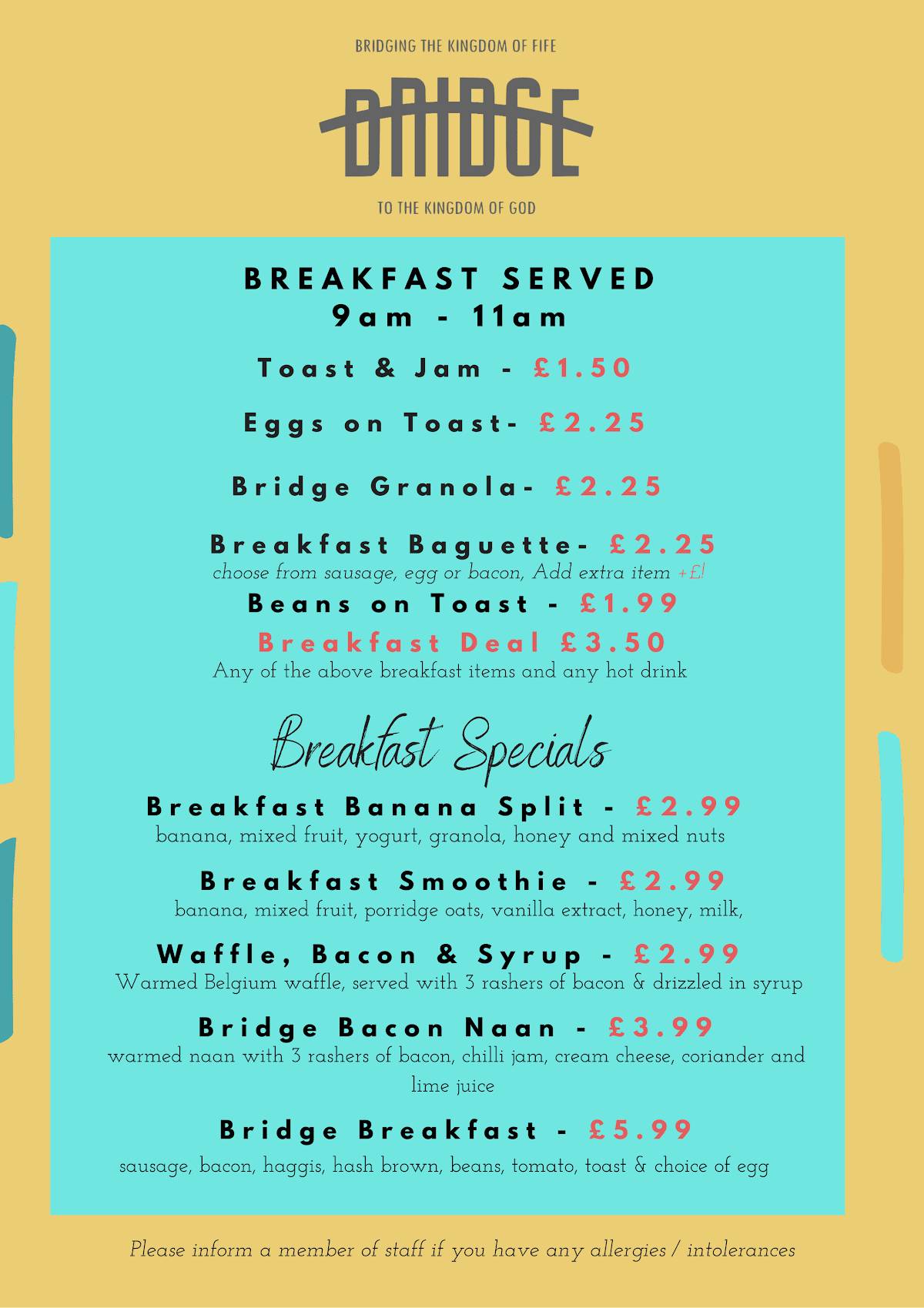 Menu at Bridge Cafe, Glenrothes