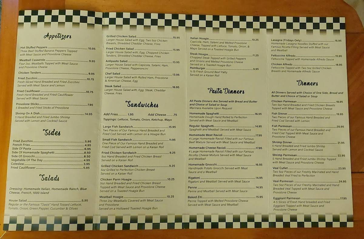Menu at Oasis Restaurant, Bridgeville
