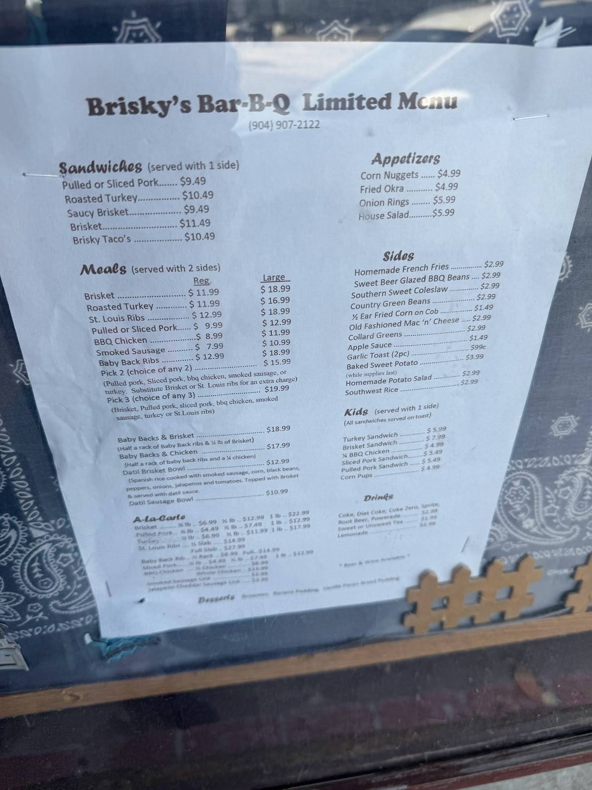 Menu at Brisky's BBQ, St. Augustine