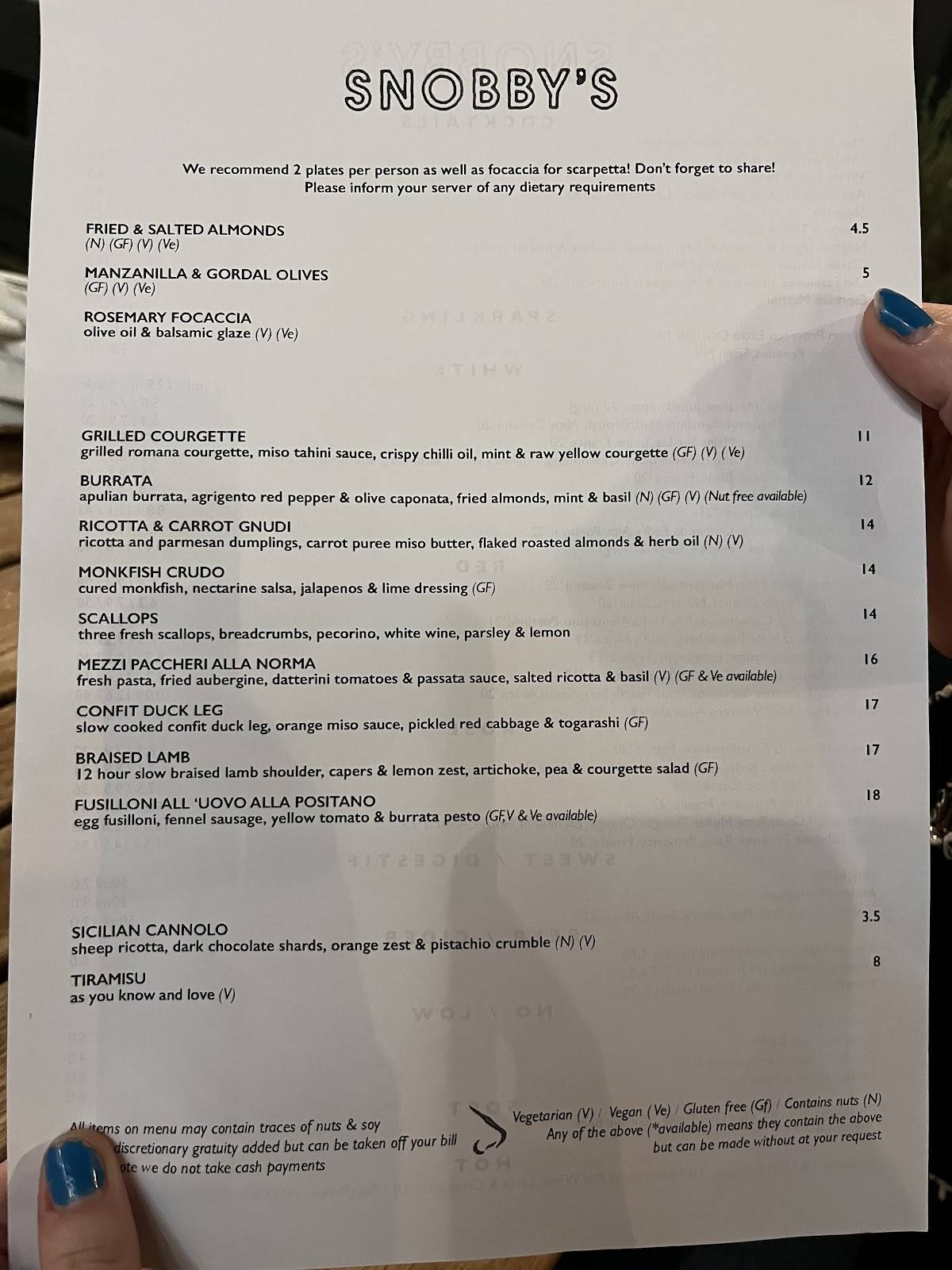 Menu at Snobby's restaurant, Bristol