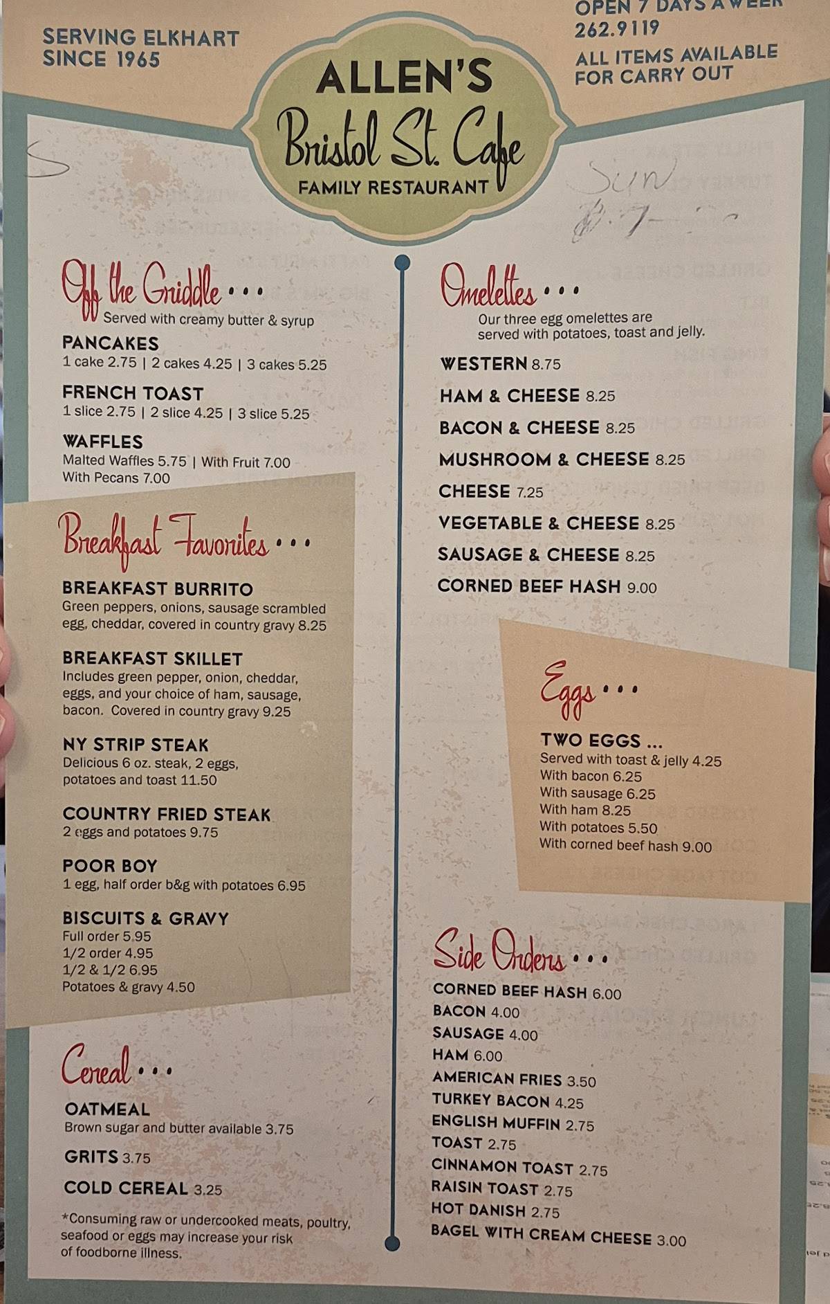 Menu at Bristol Street Cafe, Elkhart