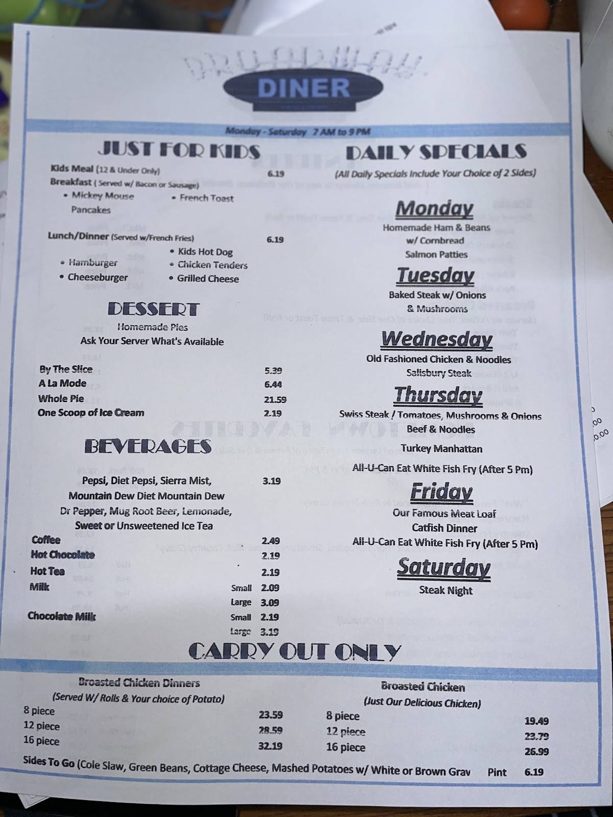 Menu at Broadway Diner restaurant, Fortville, 426 E Broadway St