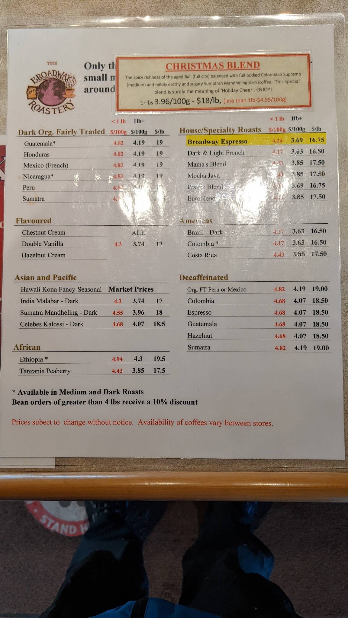 Menu at Broadway Roastery cafe, Saskatoon, 8 St E