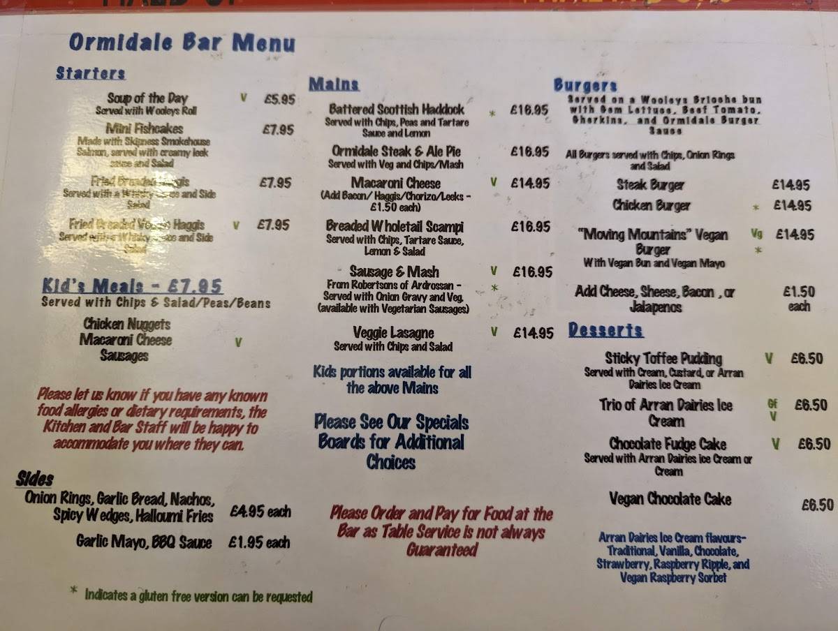 Menu at Ormidale Hotel pub & bar, Brodick