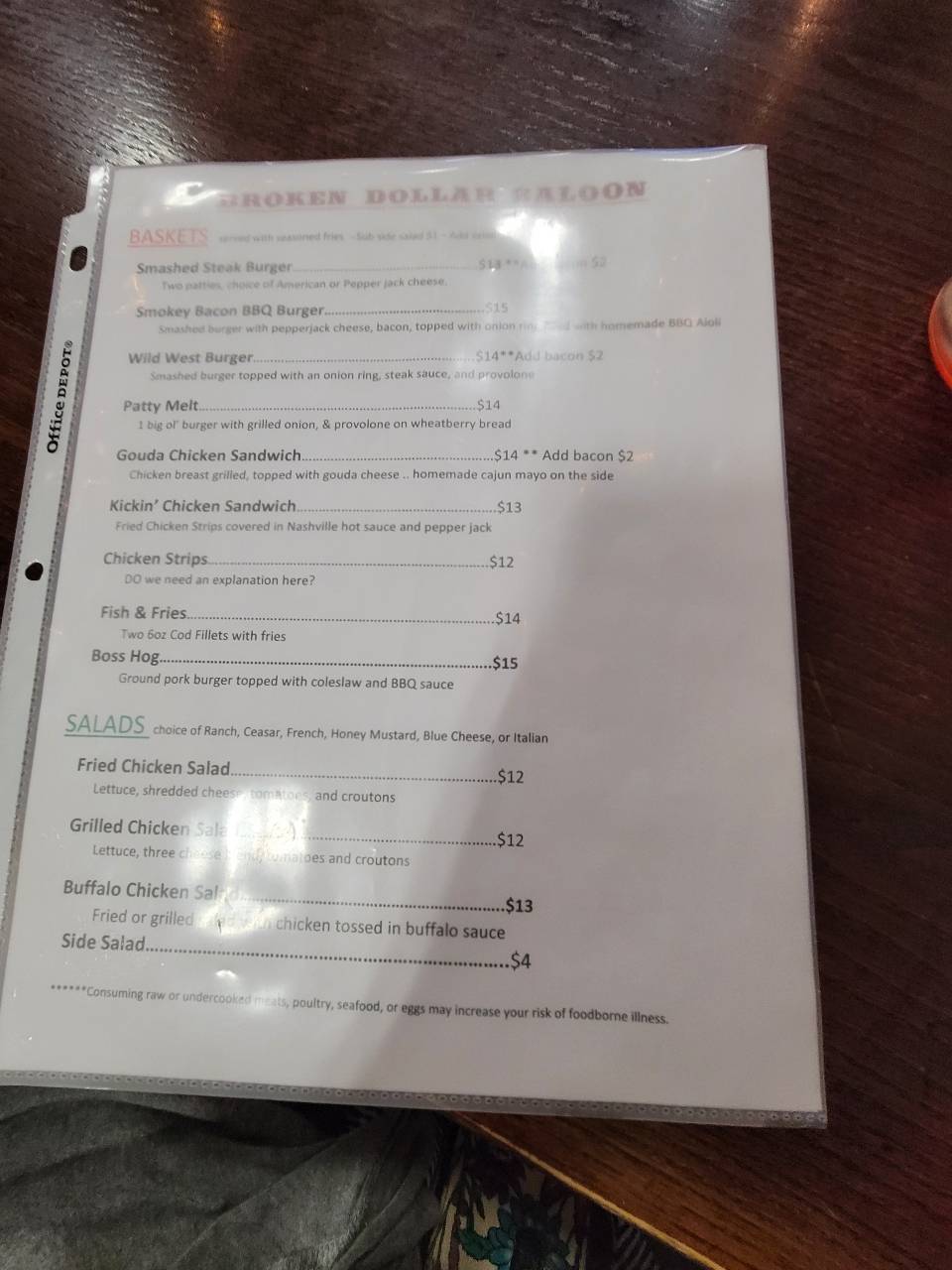 Menu at Broken Dollar Saloon restaurant, Odessa