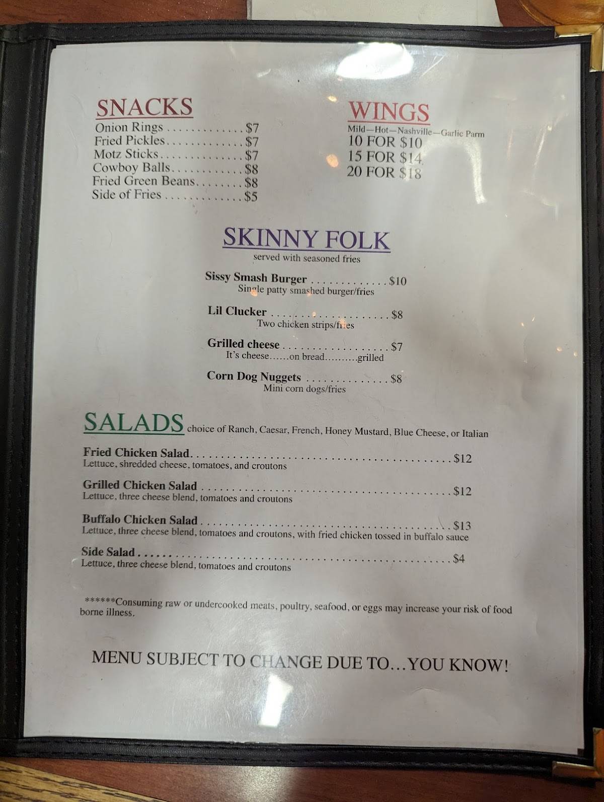 Menu at Broken Dollar Saloon restaurant, Odessa