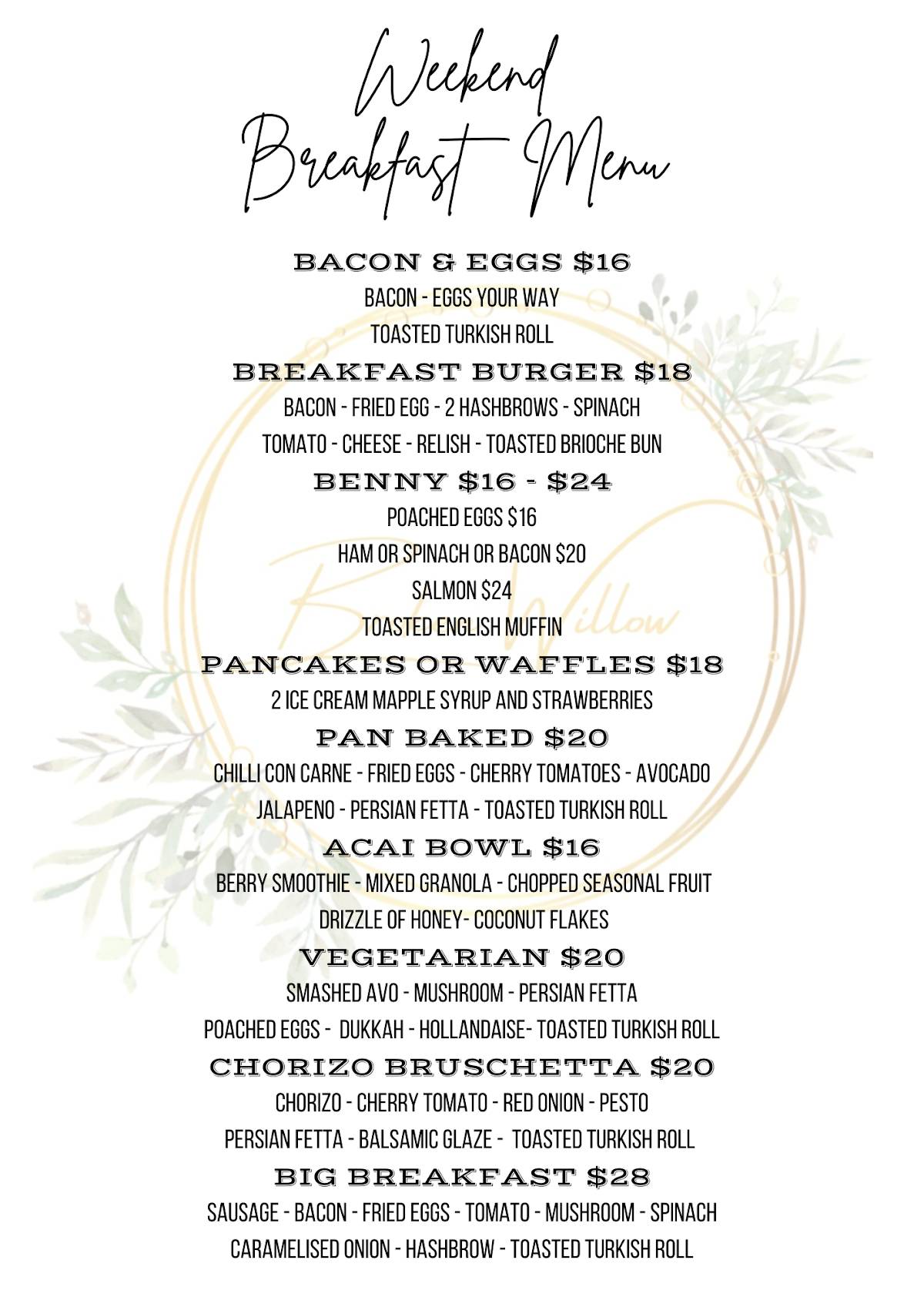 Menu at Broken Willow restaurant, Nathalia
