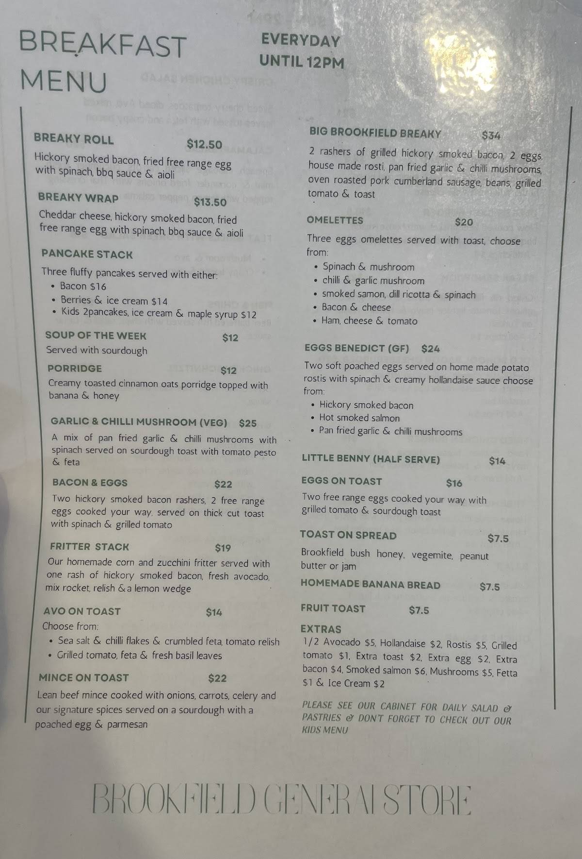 Menu at Brookfield General Store restaurant, Brookfield