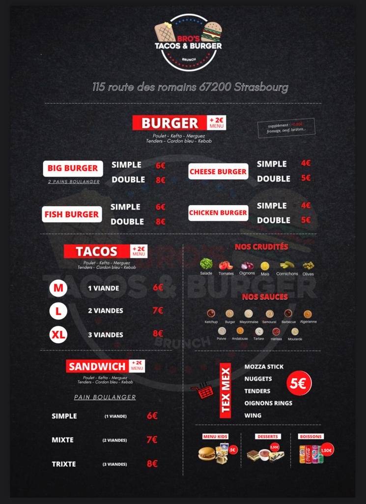 Menu au Bro’s tacos & burger restaurant, Strasbourg