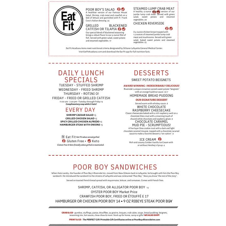 Menu at Poor Boy's Riverside Inn restaurant, Broussard