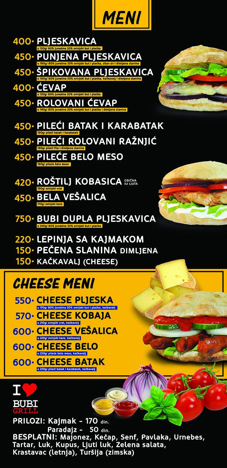 Menu at Bubi Grill pub & bar, Novi Sad, Dimitrija Tucovića 3