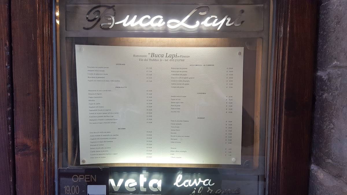Menu at Buca Lapi restaurant, Florence
