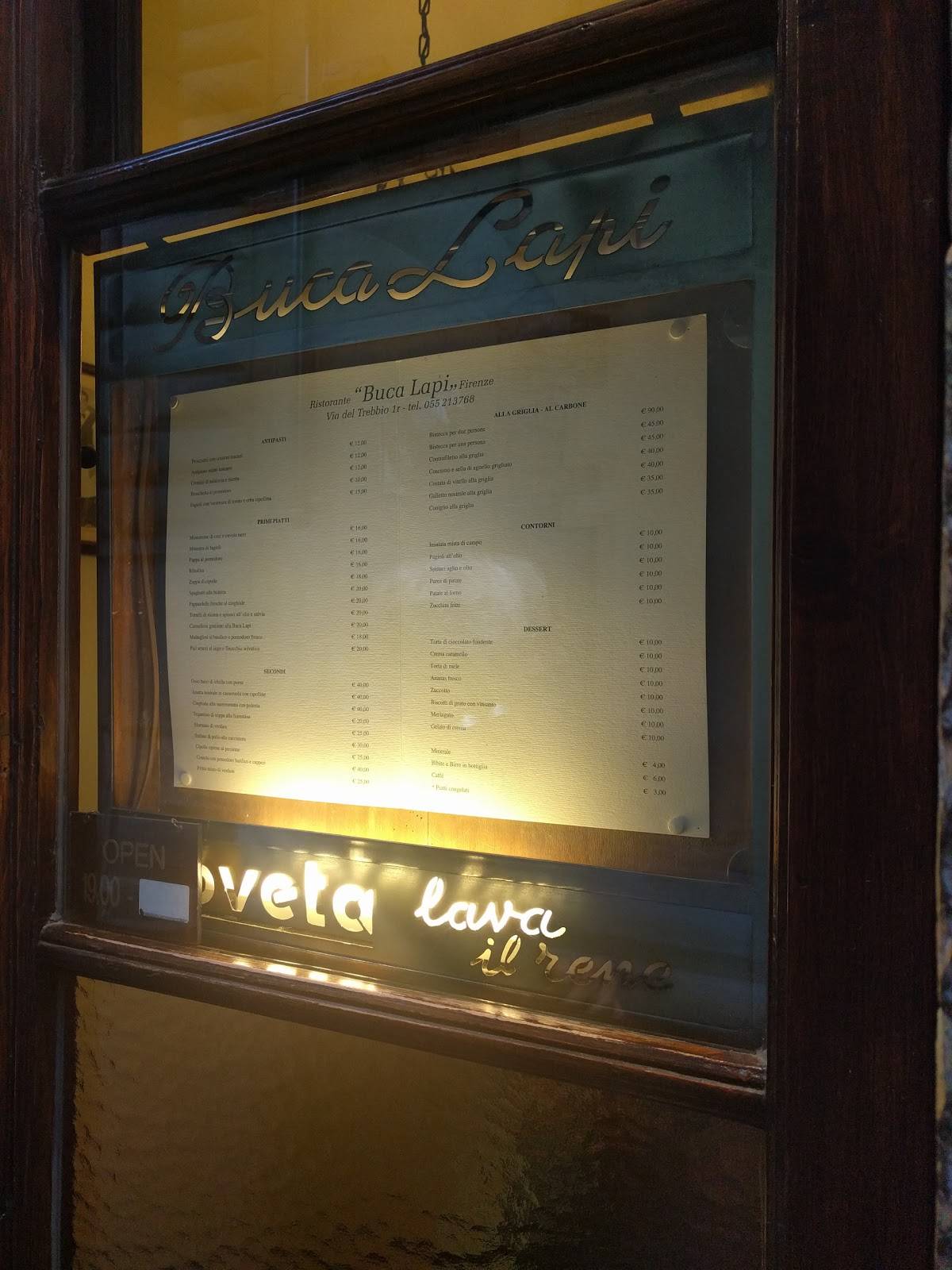 Menu at Buca Lapi restaurant, Florence