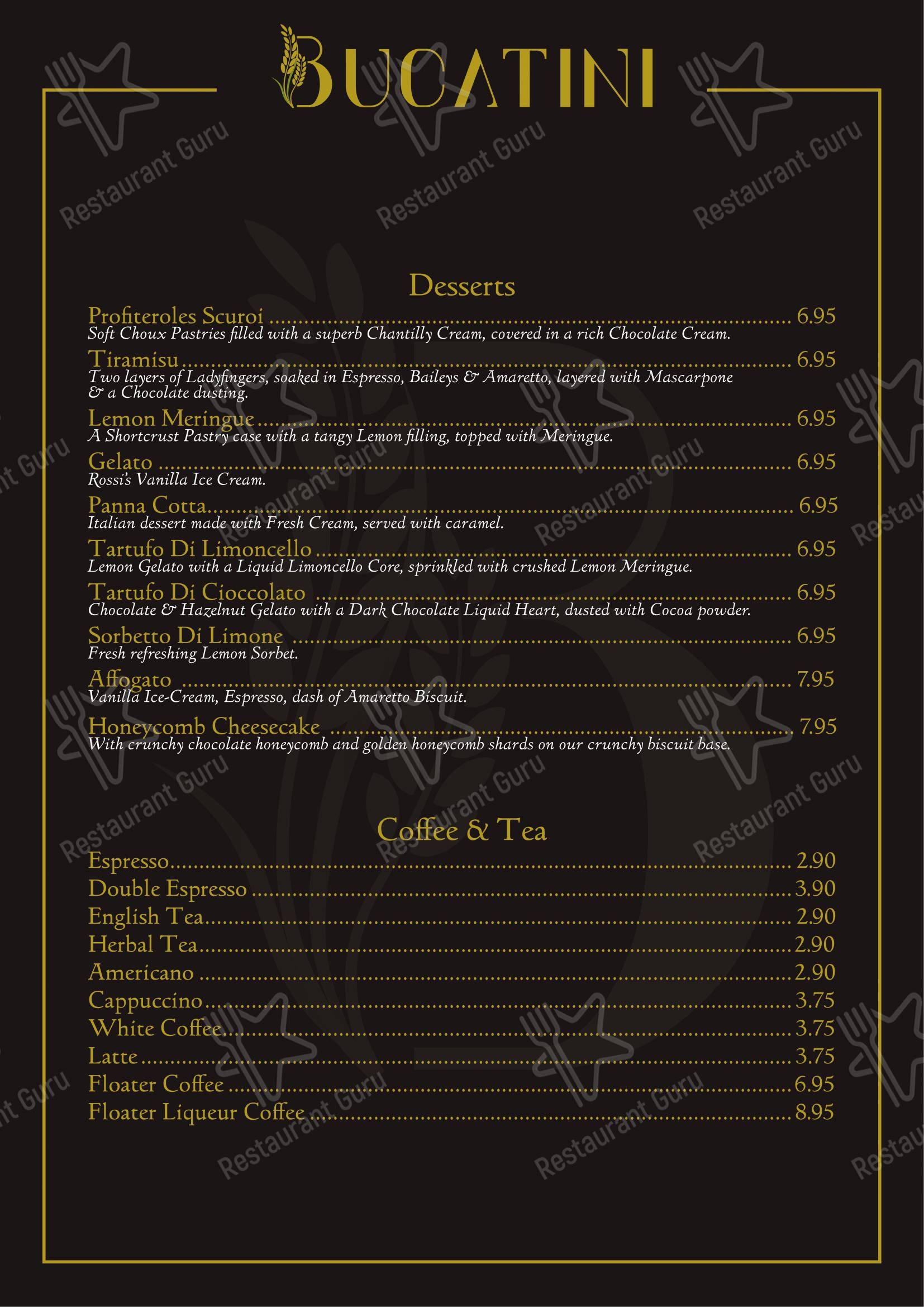 Menu at Bucatini restaurant, Southend-on-Sea