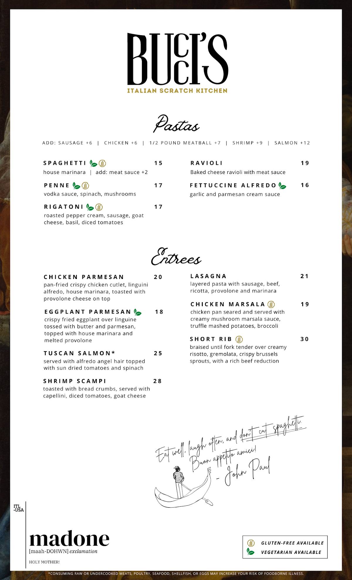 Menu at Bucci's Italian Scratch Kitchen pizzeria, Marion