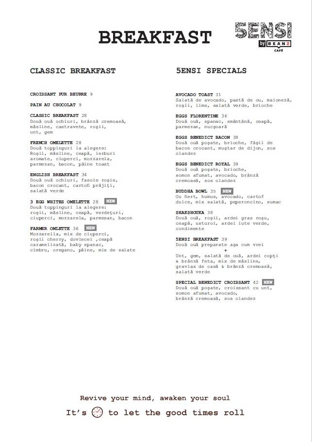 Menu at 5ENSI by BeanZ Cafe, Bucharest