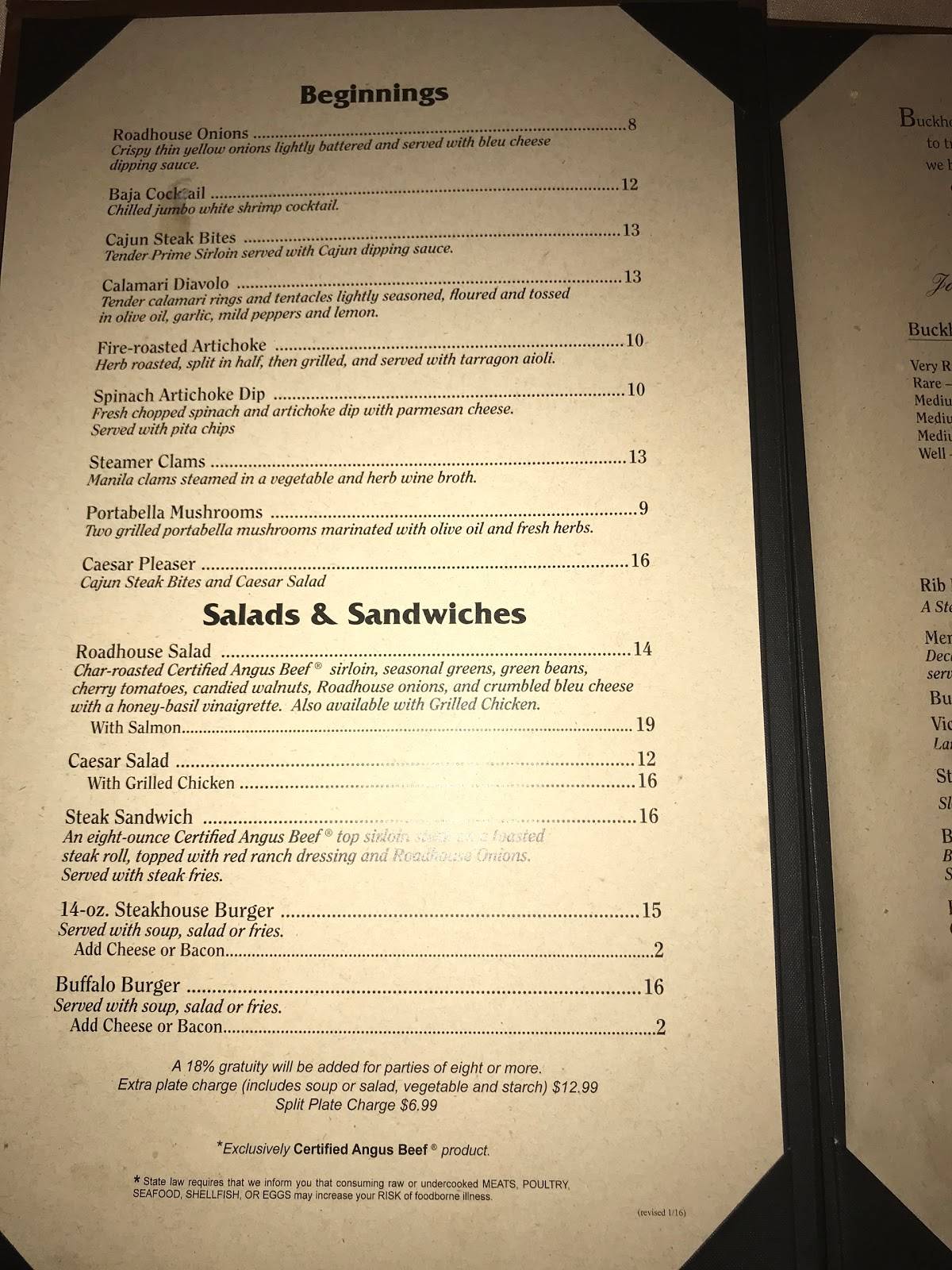 Menu at Buckhorn Steakhouse, Winters
