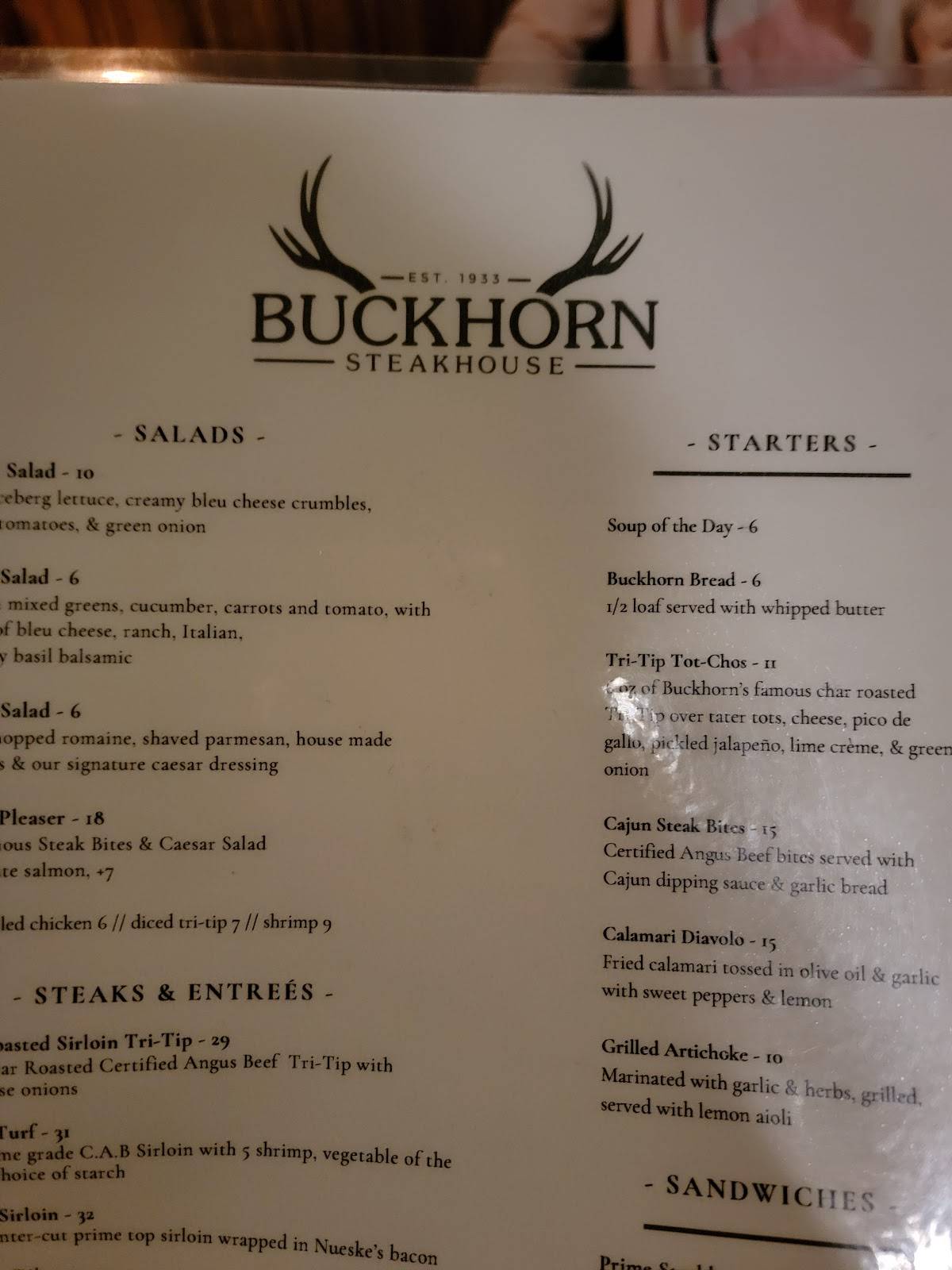 Menu at Buckhorn Steakhouse, Winters