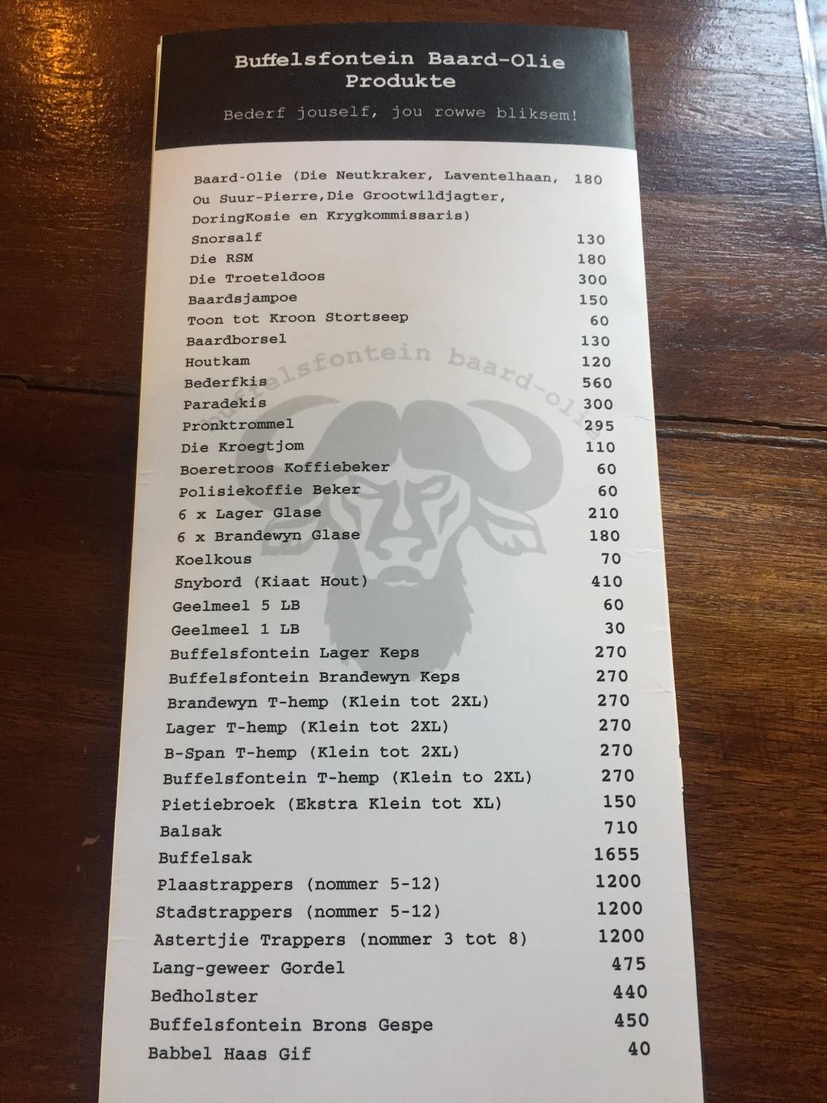 Menu at Buffelsfontein Beesboerdery restaurant, Pretoria