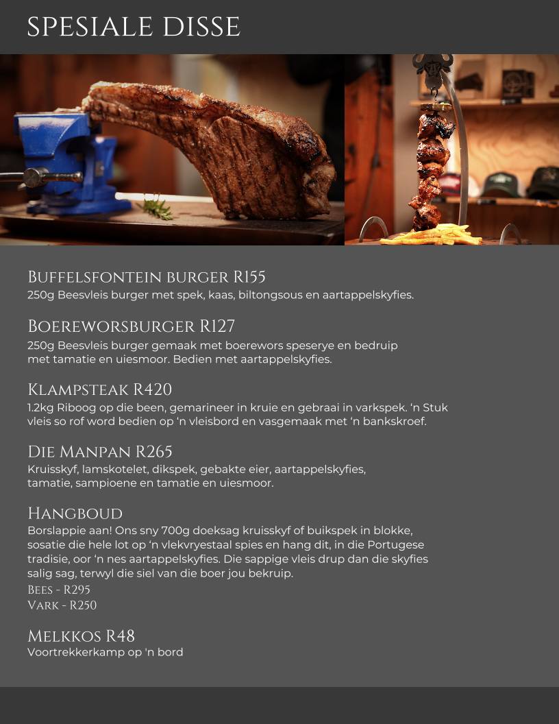 Menu at Buffelsfontein Beesboerdery restaurant, Pretoria