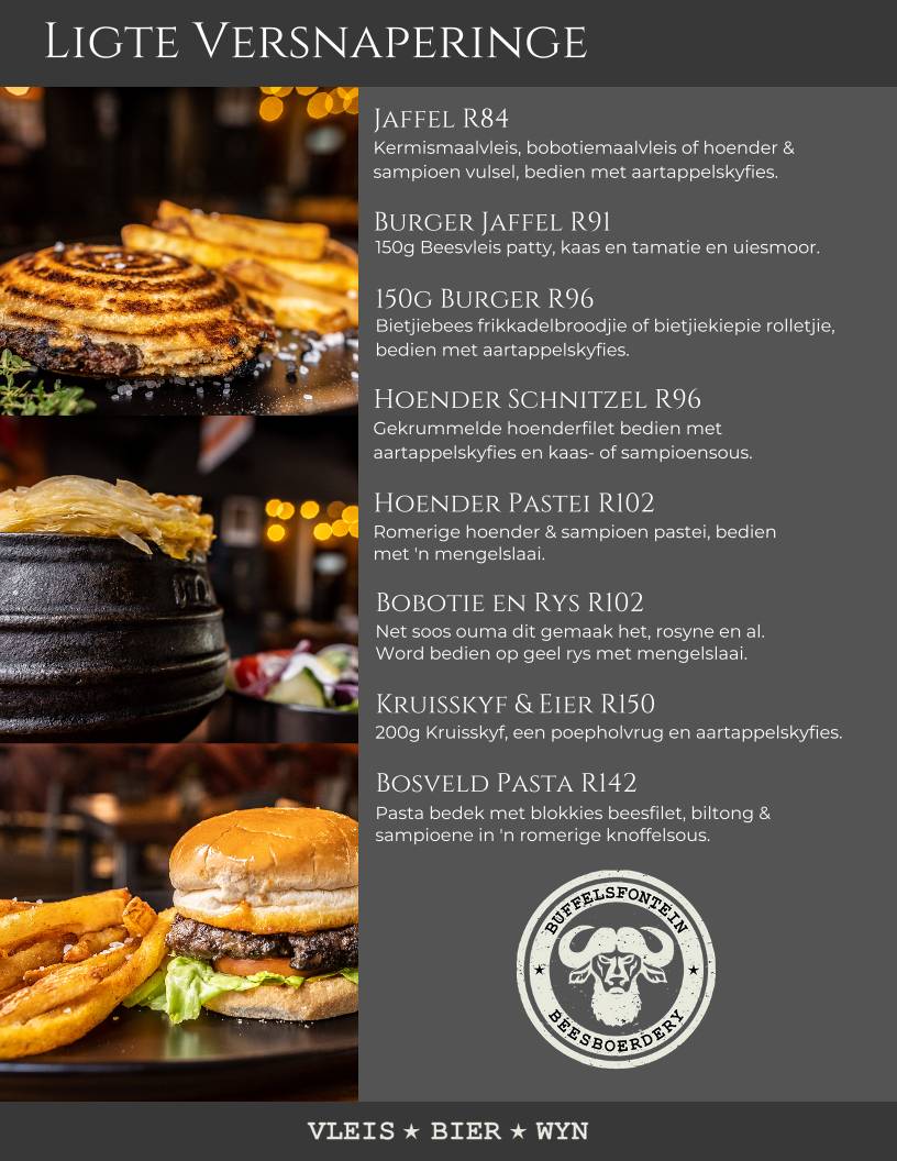Menu at Buffelsfontein Beesboerdery restaurant, Pretoria