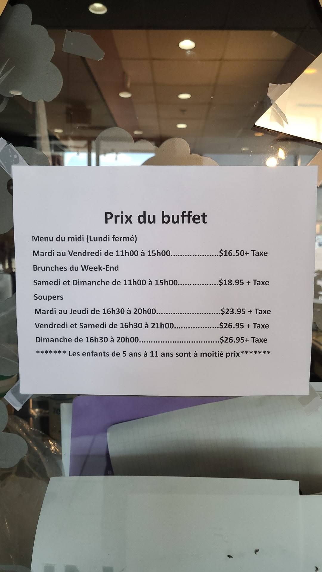 Menu au Buffet Chinois Mandarin restaurant, Montréal, Boul Langelier