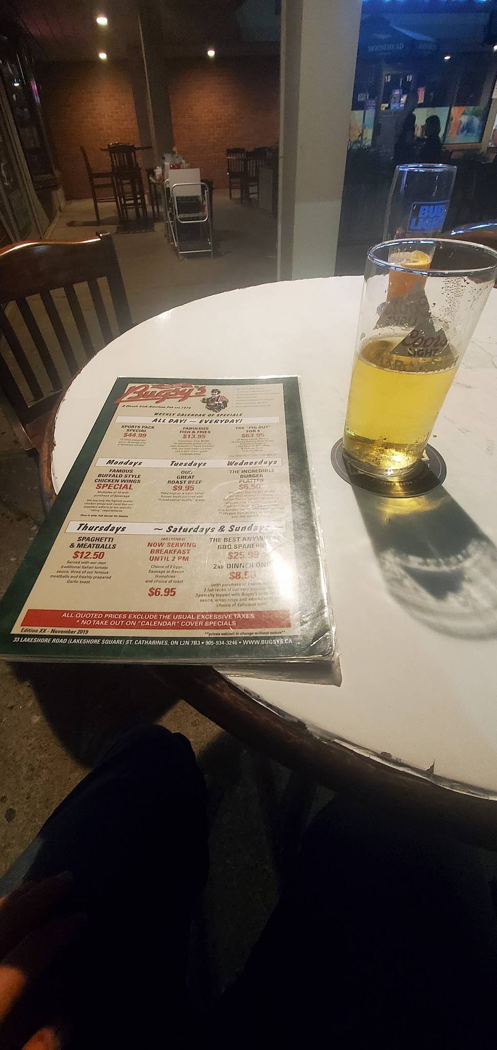 Menu at Bugsy's pub & bar, St. Catharines