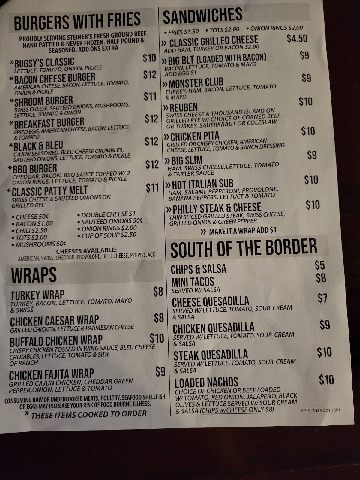 Menu at Bugsy's Bar & Grill, Warren