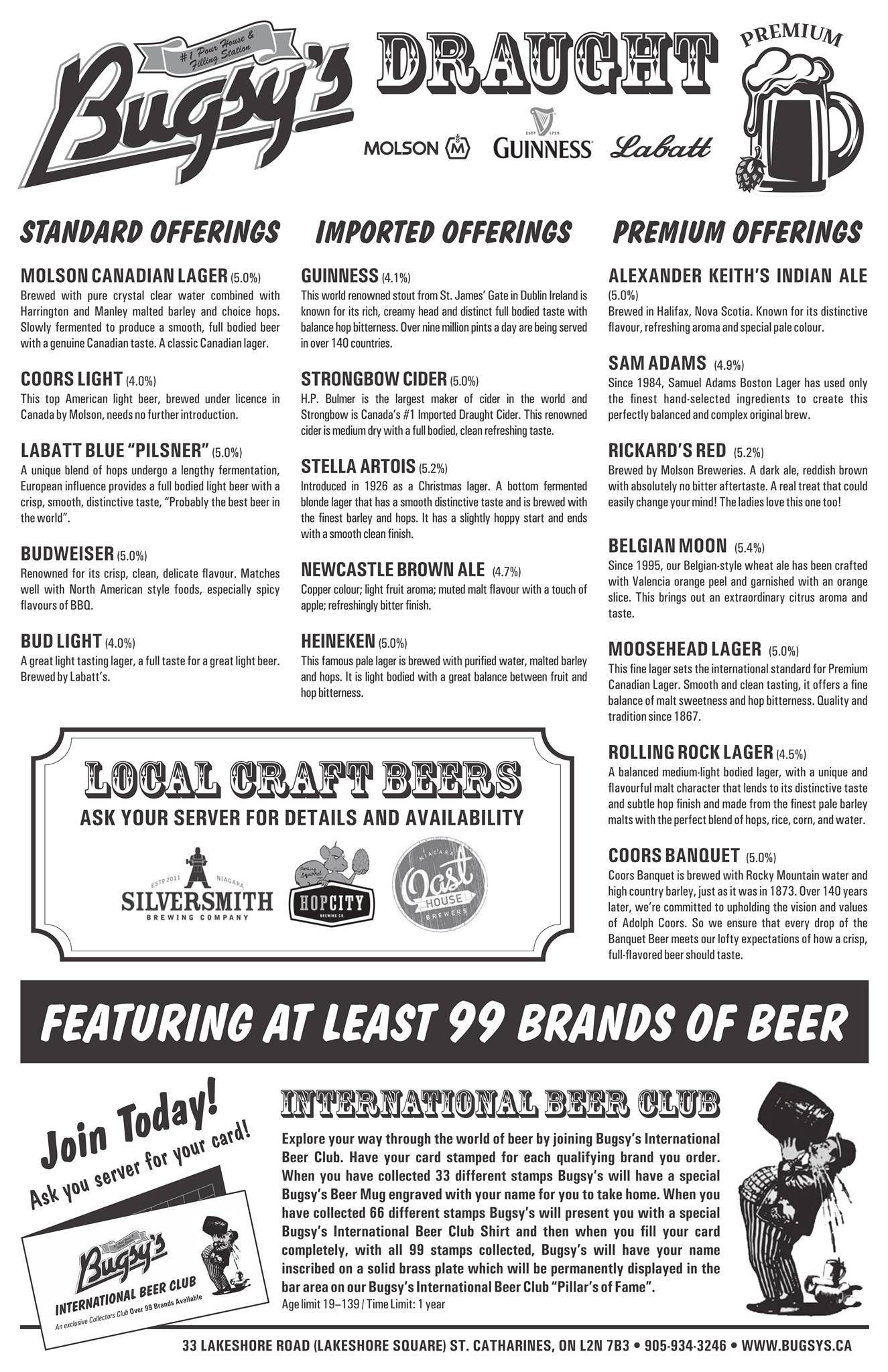 Menu at Bugsy's pub & bar, St. Catharines
