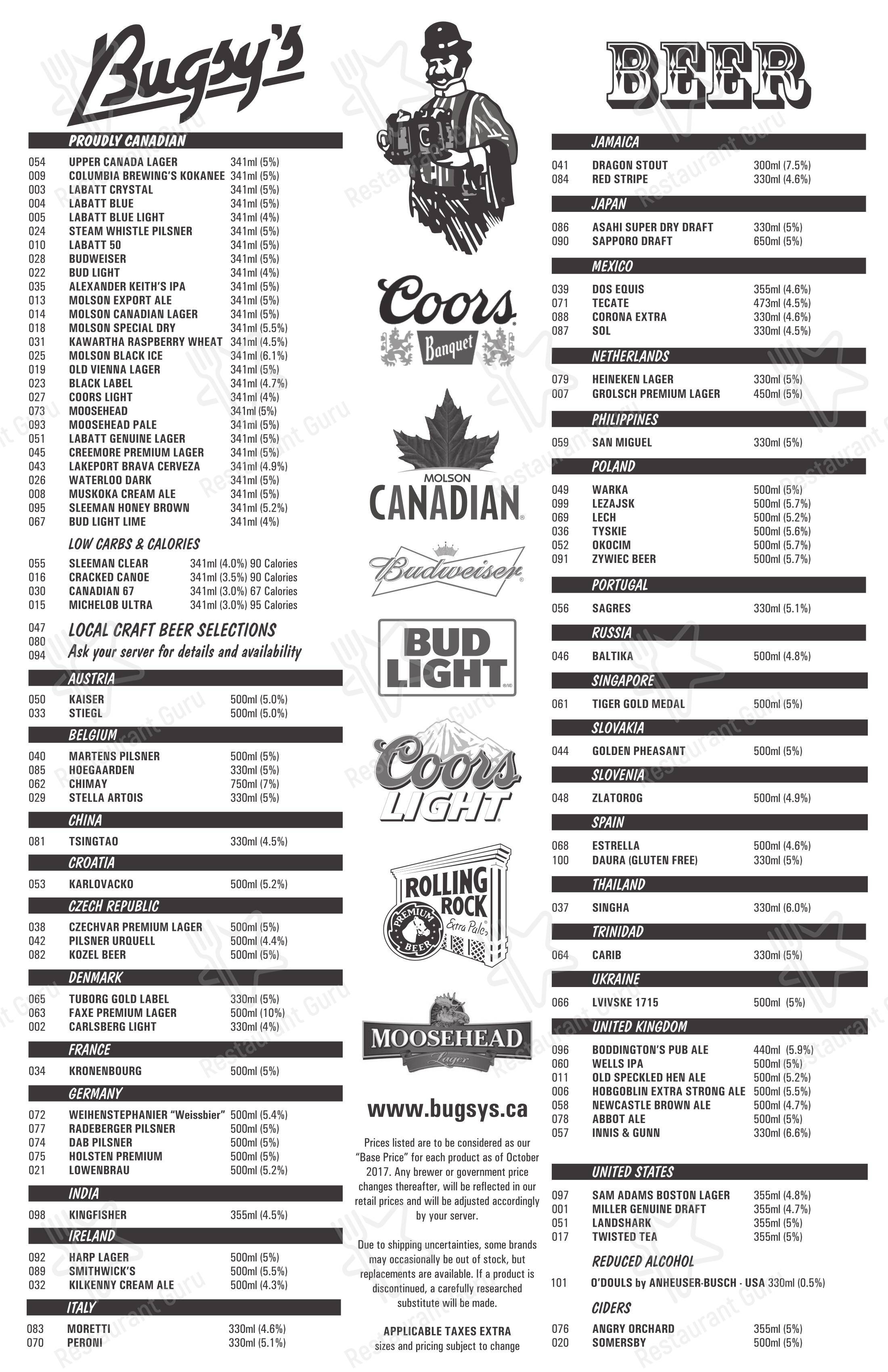 Menu at Bugsy's pub & bar, St. Catharines