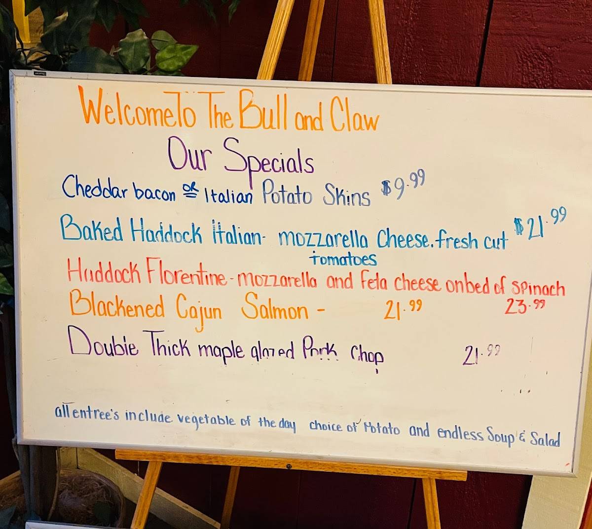Menu at Bull N' Claw restaurant, Wells