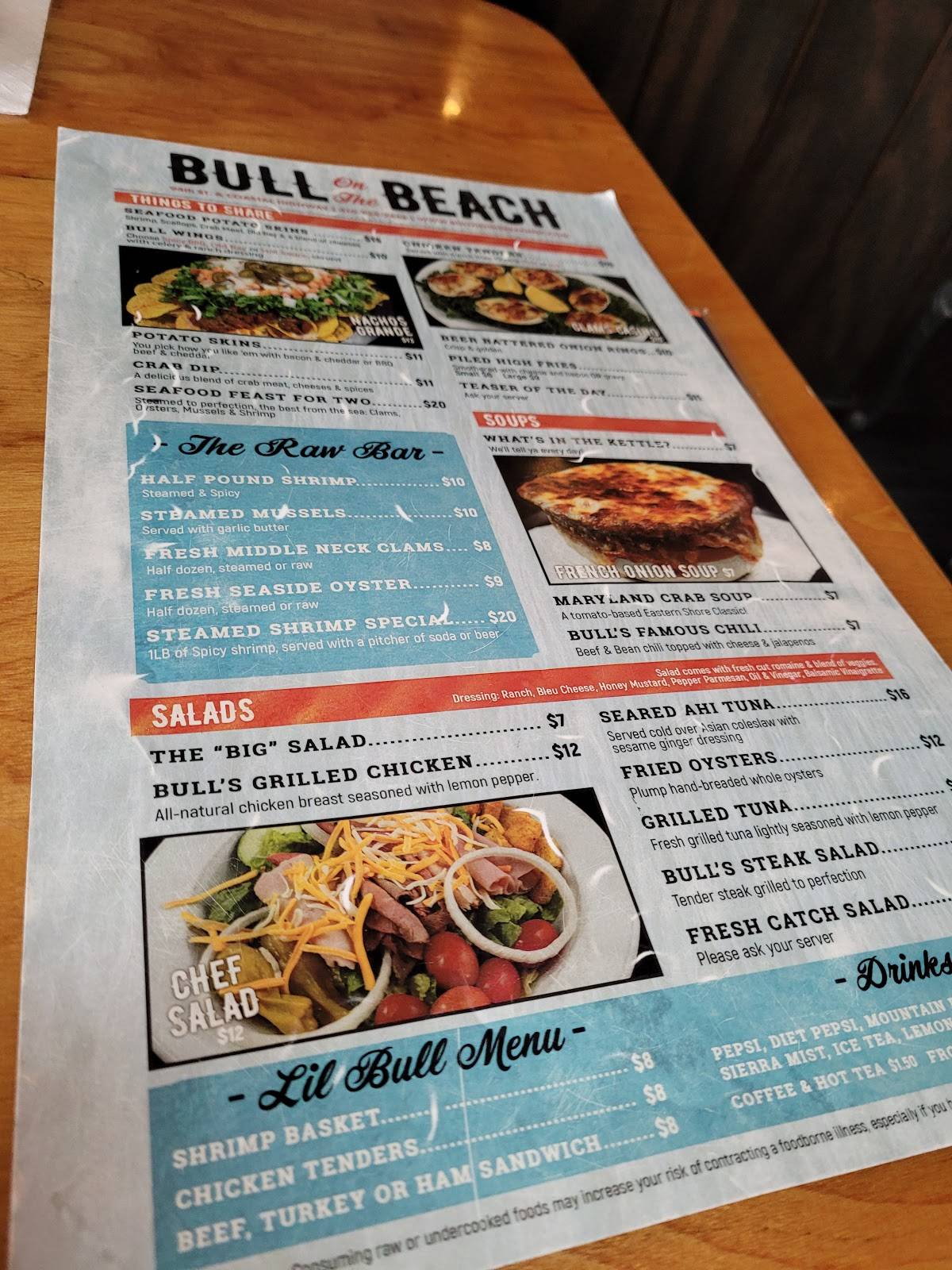 Menu at Bull on the Beach pub & bar, Ocean City, 17 94th St